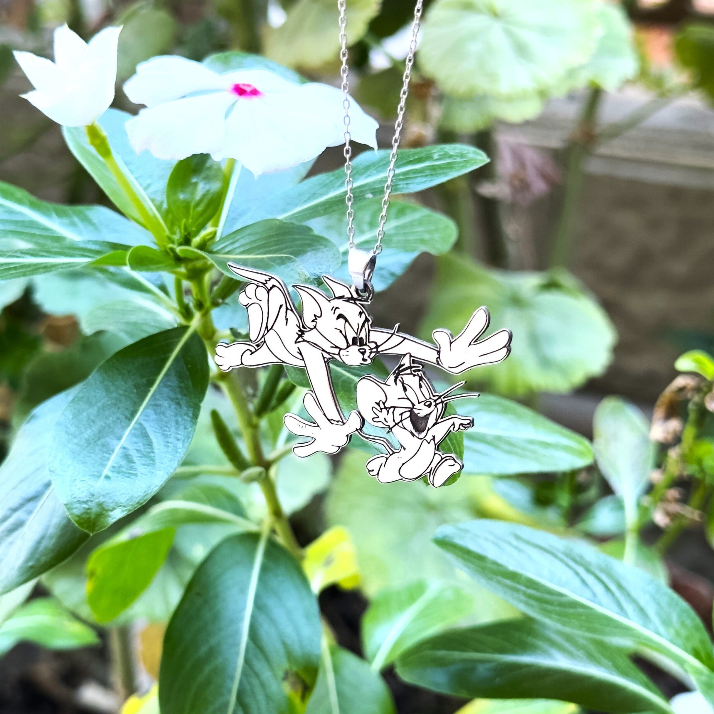 Handmade Silver Tom and Jerry Necklace, Cartoon Pendant, Cat Tom and ...