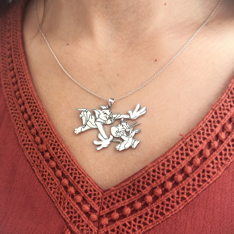 Handmade Silver Tom and Jerry Necklace, Cartoon Pendant, Cat Tom and ...