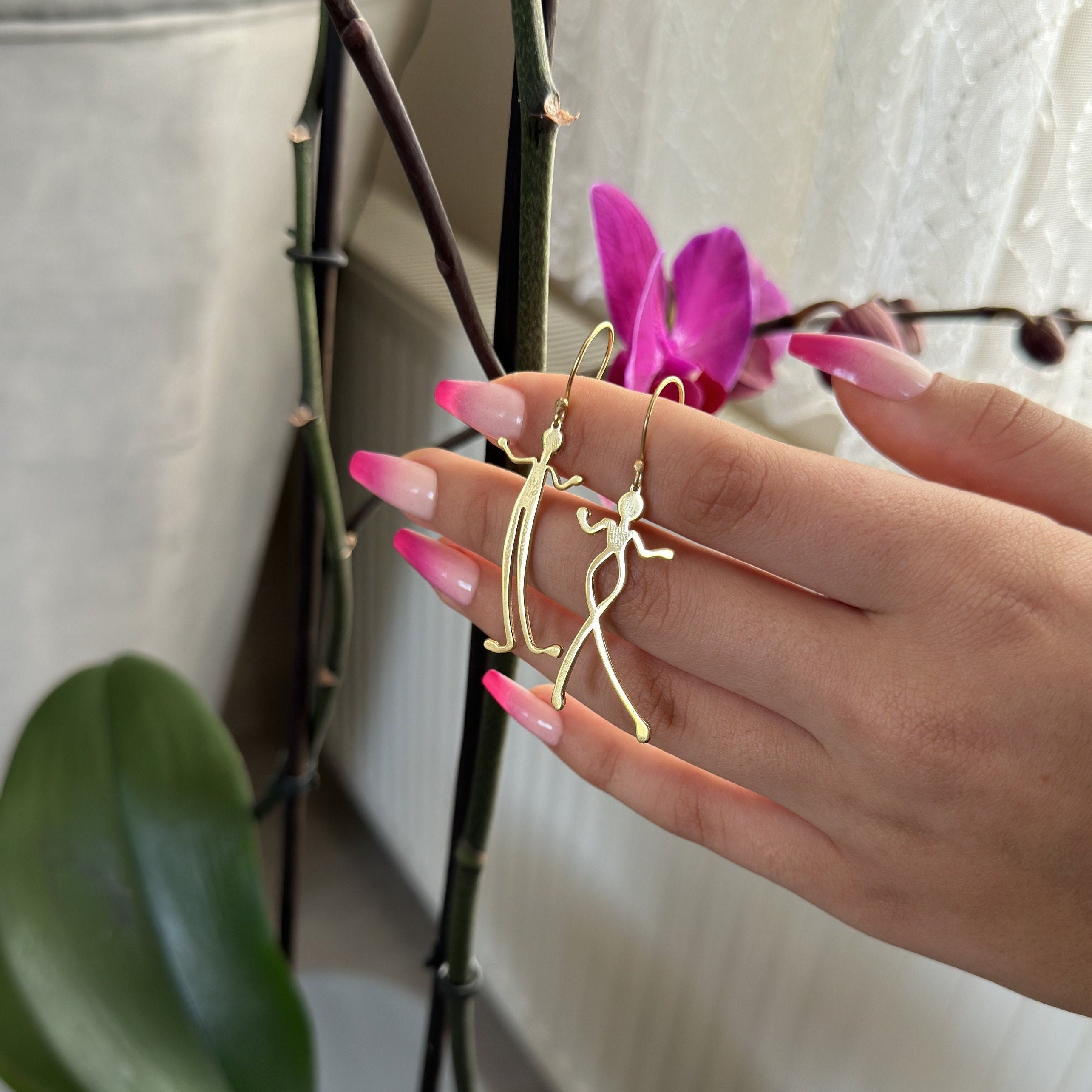 Handmade Gold Filled Funny Stickman Earrings, Stickman Jewelry, Dangle ...