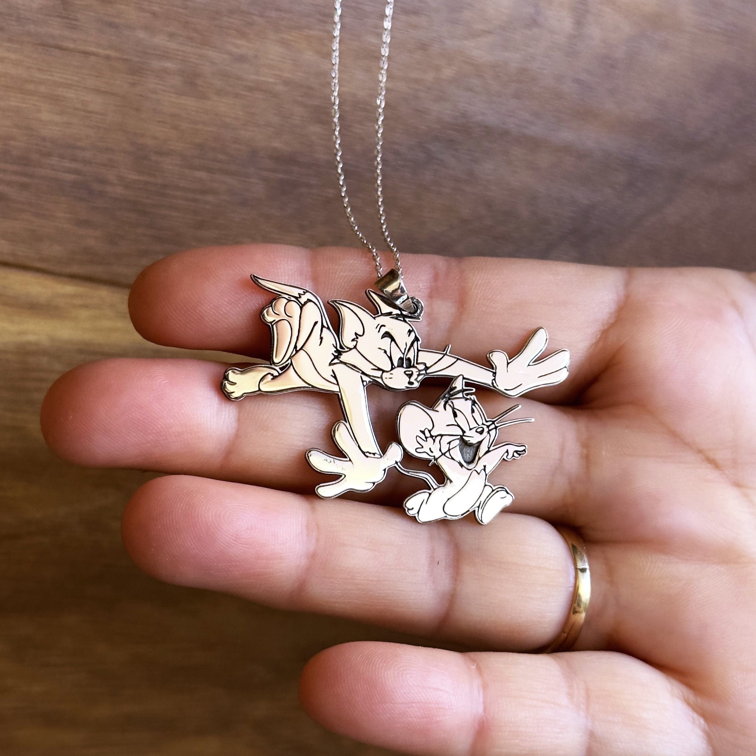 Handmade Silver Tom and Jerry Necklace, Cartoon Pendant, Cat Tom and ...