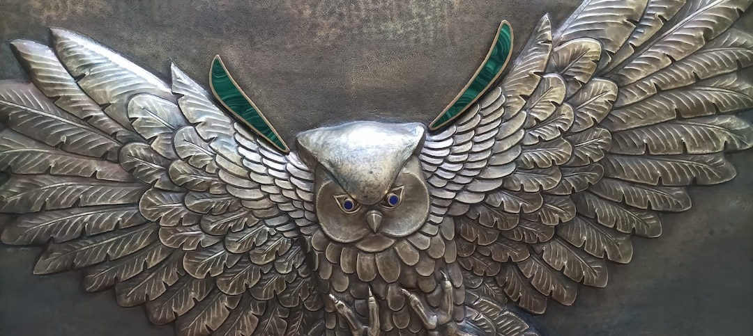 SAGV, Repousse Wall Panel With Gemstone Chased Owl Wall Art Artistic ...