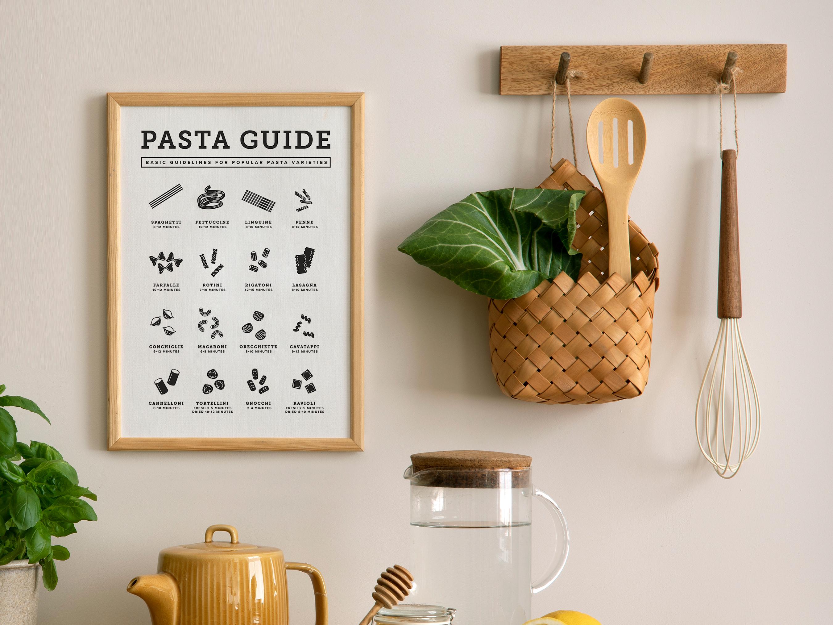 Printable Pasta Guide Wall Art Black White, Essential Kitchen Guide for ...