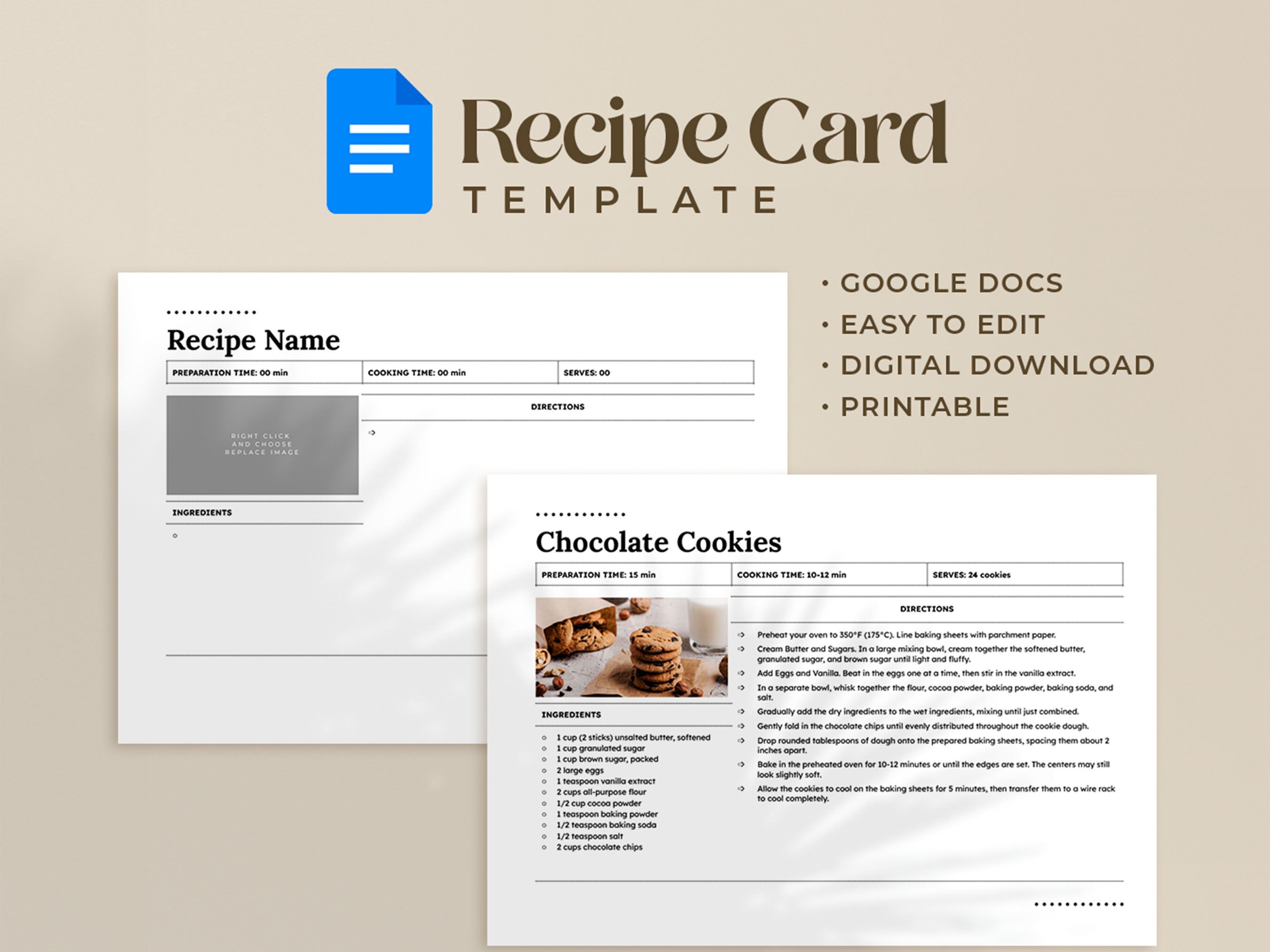 Digital Recipe Card Template for Cooking Enthusiasts, Printable Google ...