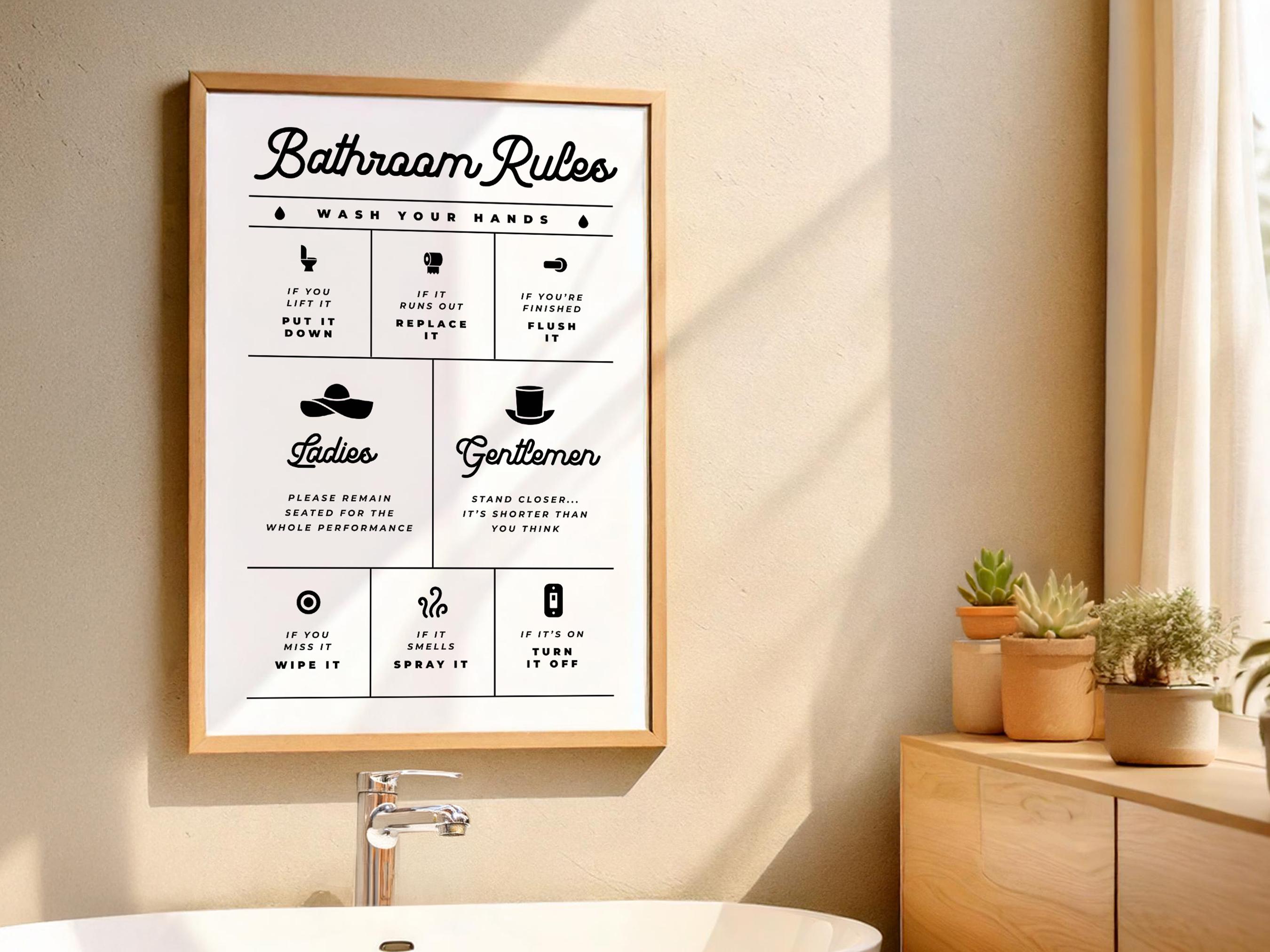 Bathroom Rules Print: Toilet Etiquette Guide, Restroom Decor (digital ...