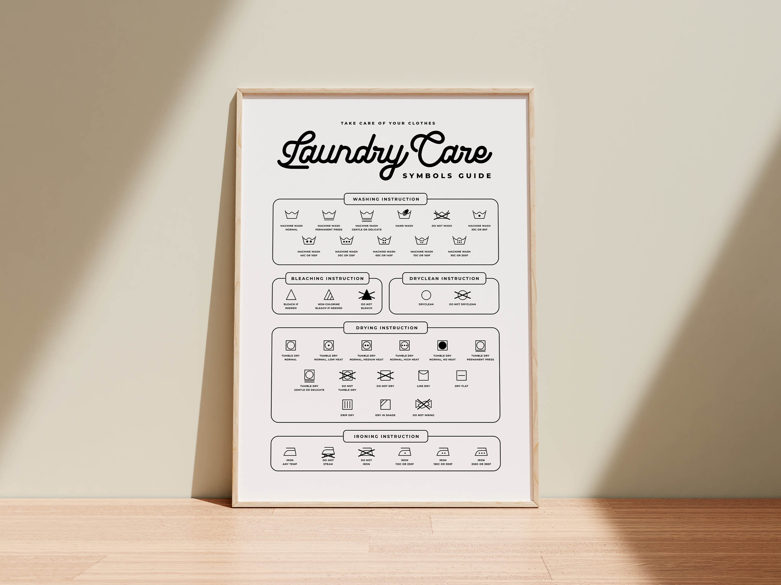 Printable Laundry Care Symbols Guide Poster for Laundry Room Decor ...
