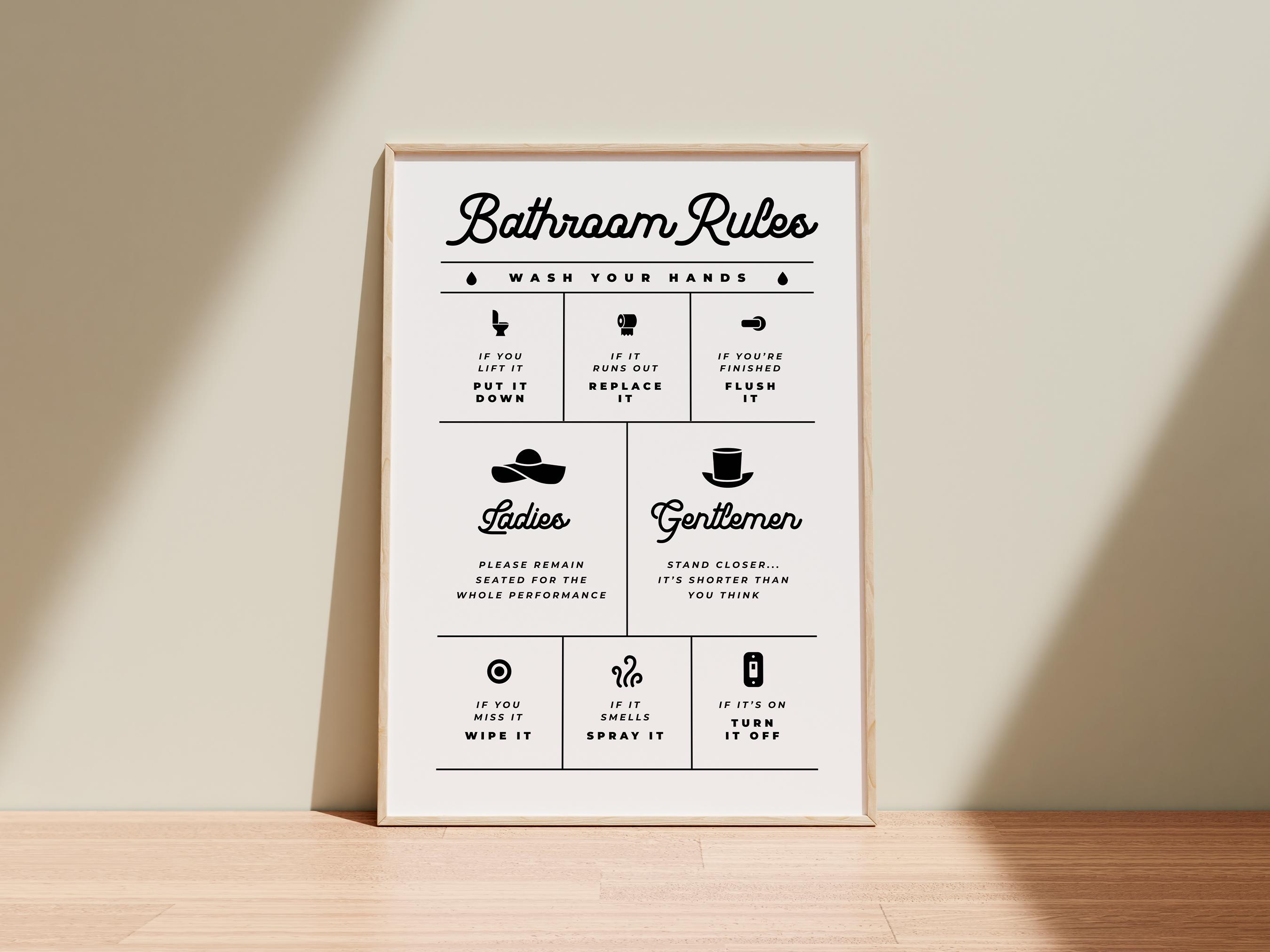 Bathroom Rules Print: Toilet Etiquette Guide, Restroom Decor (digital ...