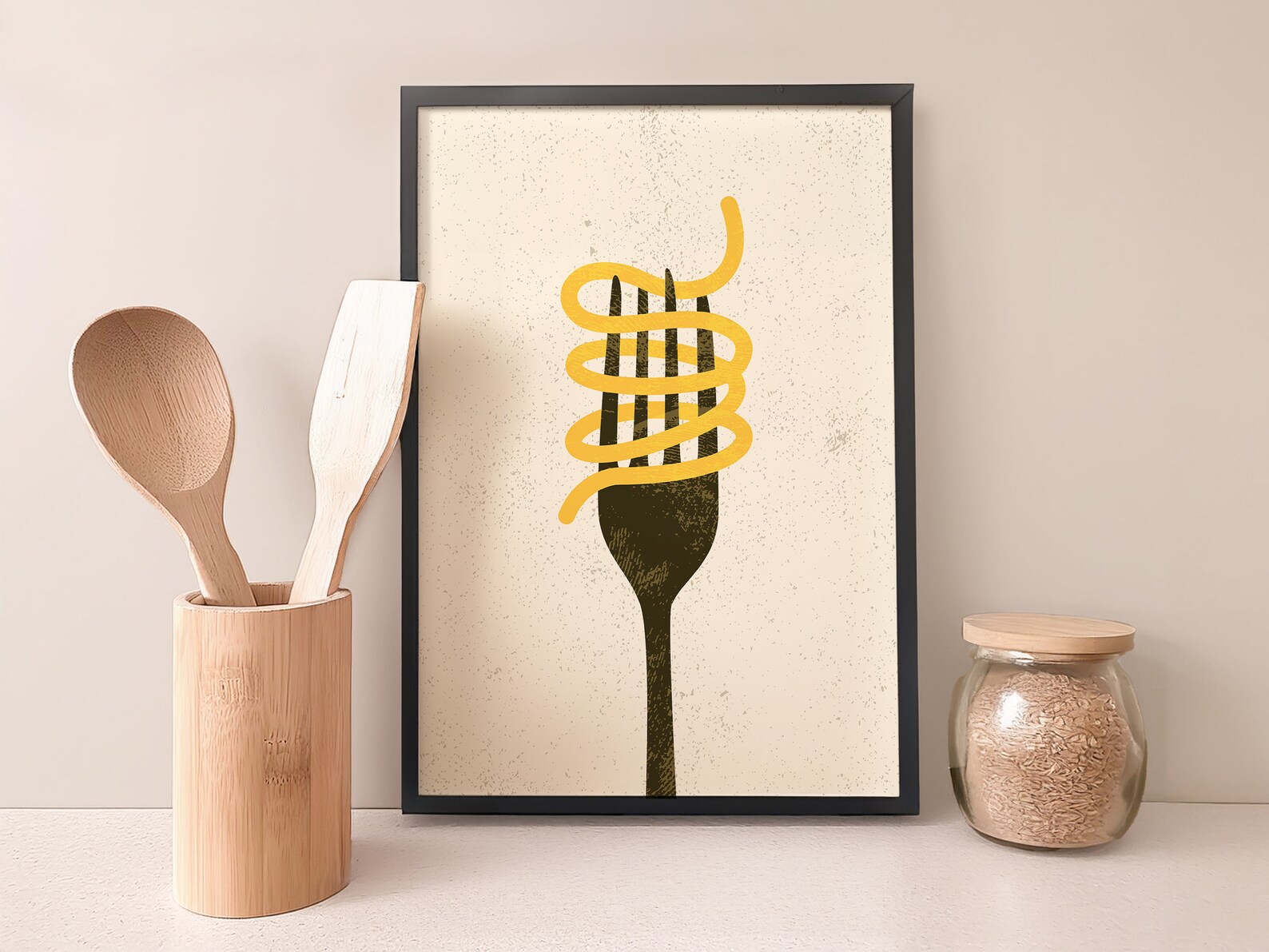 Printable Kitchen Decor: Italian Food Pasta on Fork Illustration Wall ...
