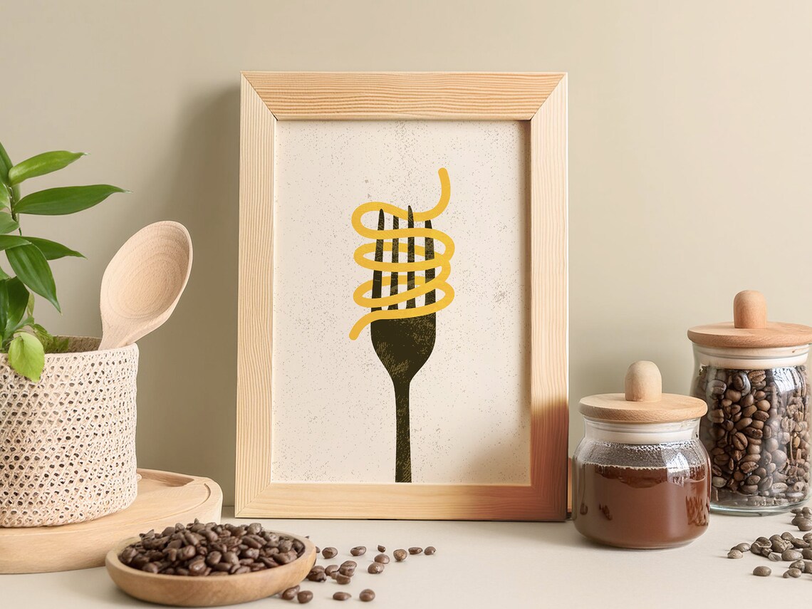 Printable Kitchen Decor: Italian Food Pasta on Fork Illustration Wall ...