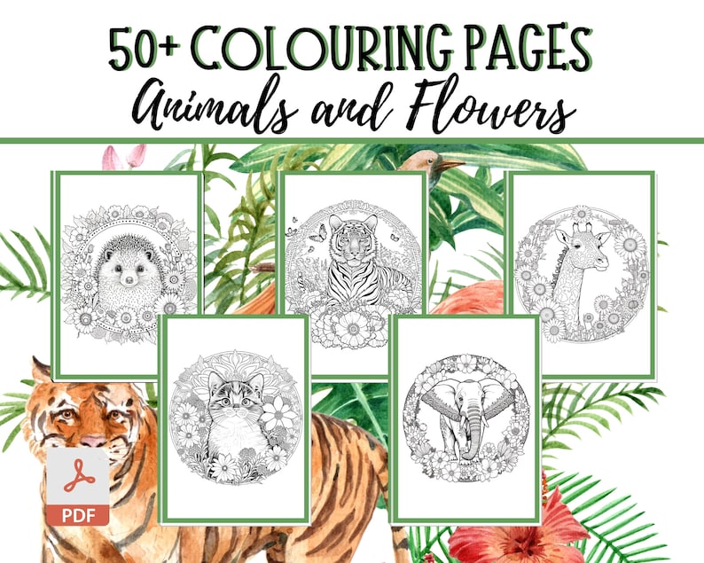 Animals and Flowers Colouring Pages I Nature Colouring Book I Adult ...