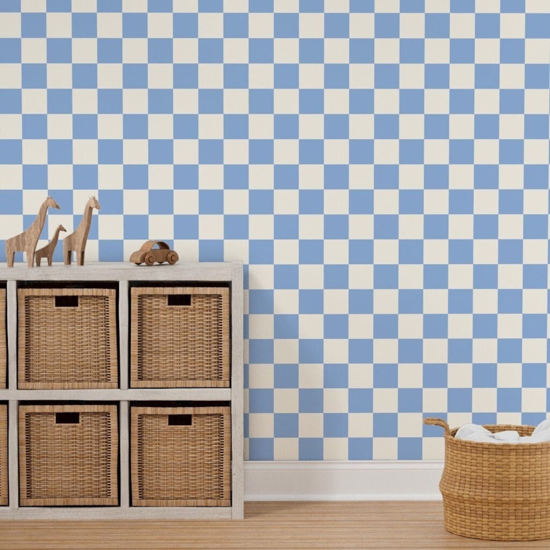 Blue and White Checkered Wallpaper for Boys Room. Blue Checkerboard ...
