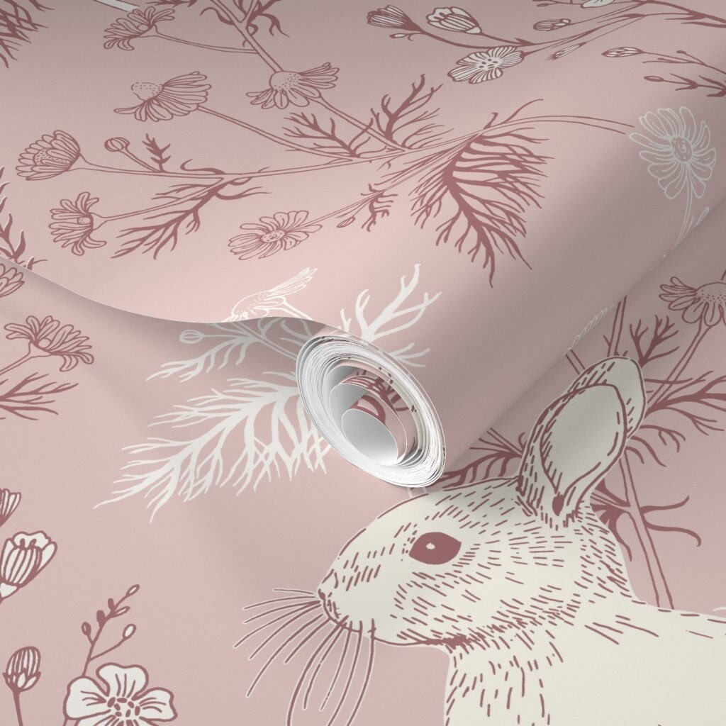Rabbits Wallpaper for Baby Girl Nursery and Girls Bedroom. Pink Bunnies ...