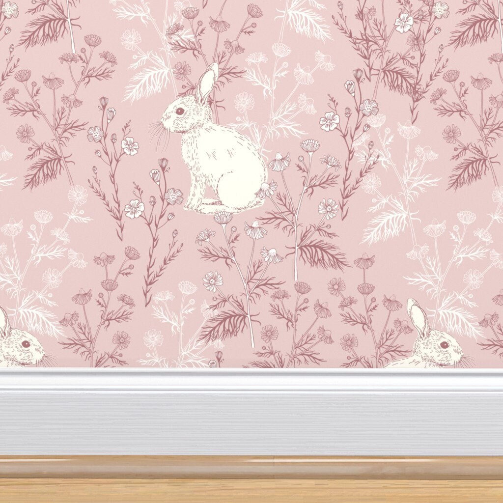 Rabbits Wallpaper for Baby Girl Nursery and Girls Bedroom. Pink Bunnies ...