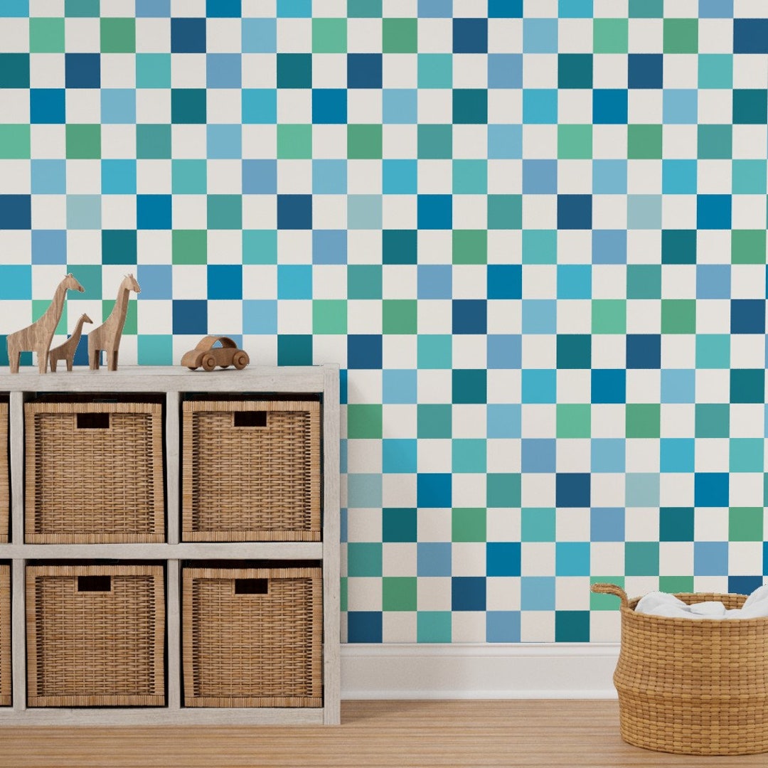 Blue Green Checkers Wallpaper for Boys Room. Funky Checkers Peel and ...
