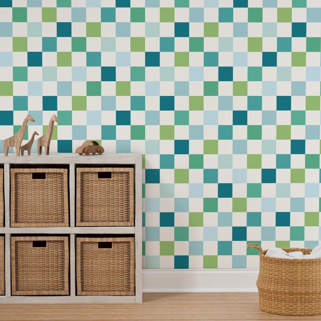 Blue Green Checkers Wallpaper for Boys Room, Kids Bedroom. Checkerboard ...