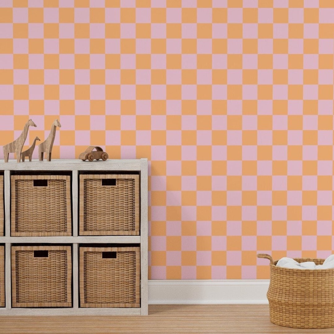 Pink and Orange Checkered Peel and Stick Wallpaper: Funky Kids Room ...