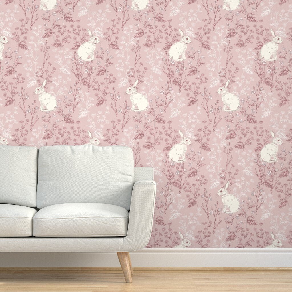 Rabbits Wallpaper for Baby Girl Nursery and Girls Bedroom. Pink Bunnies ...