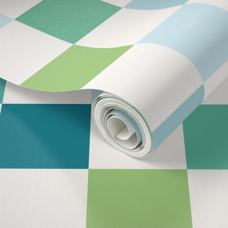 Blue Green Checkers Wallpaper for Boys Room, Kids Bedroom. Checkerboard ...