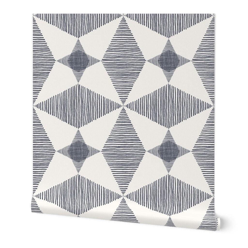 Blue Stars Mid Century Modern Wallpaper. Navy Blue and White Geometric ...