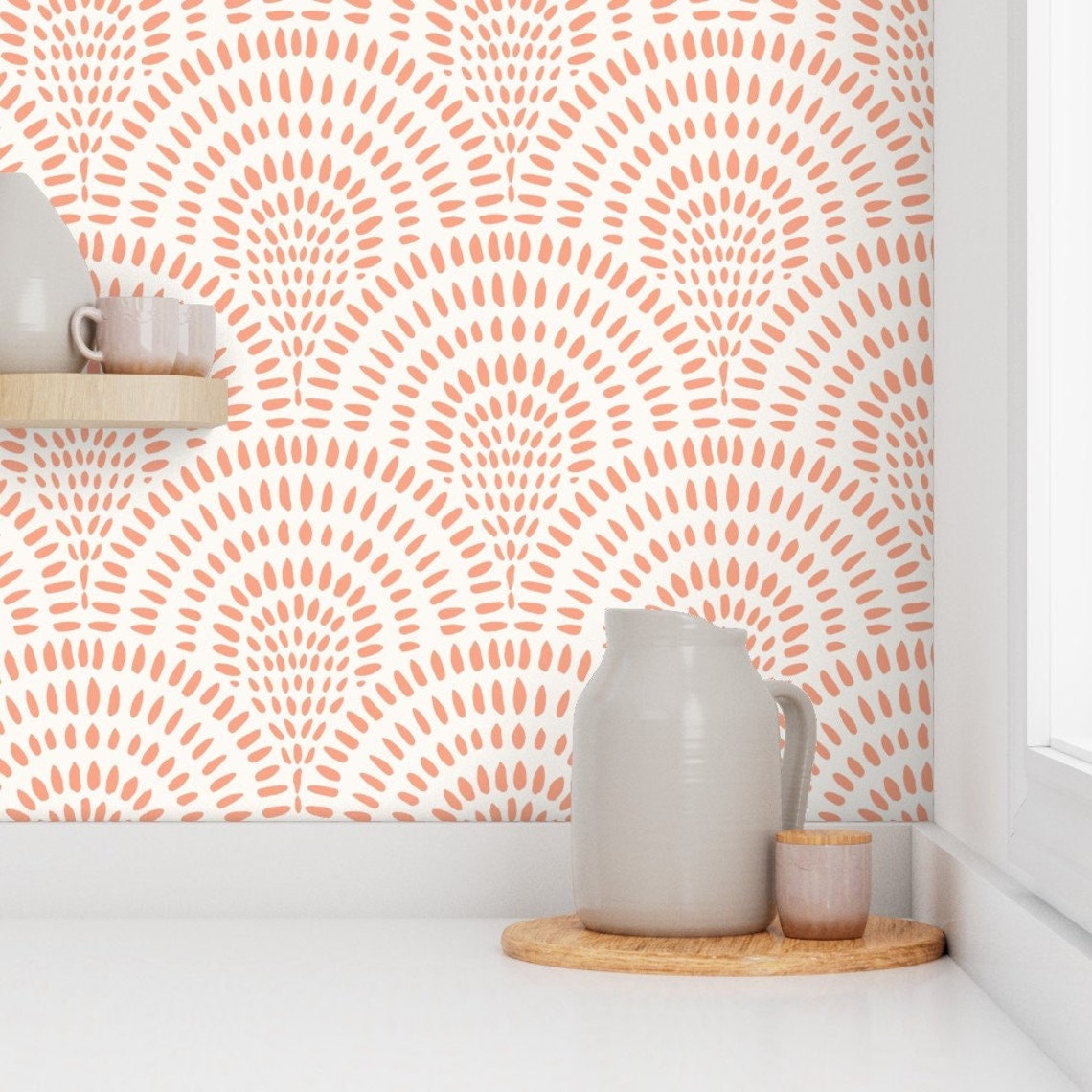 Coastal Boho Coral Pink Scallops Wallpaper. Modern Beachy Boho Salmon ...