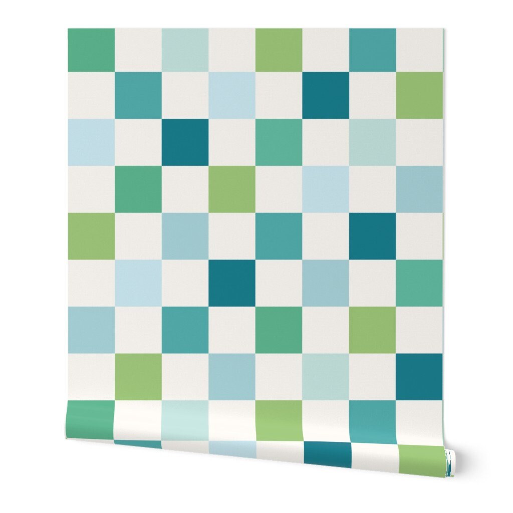 Blue Green Checkers Wallpaper for Boys Room, Kids Bedroom. Checkerboard ...