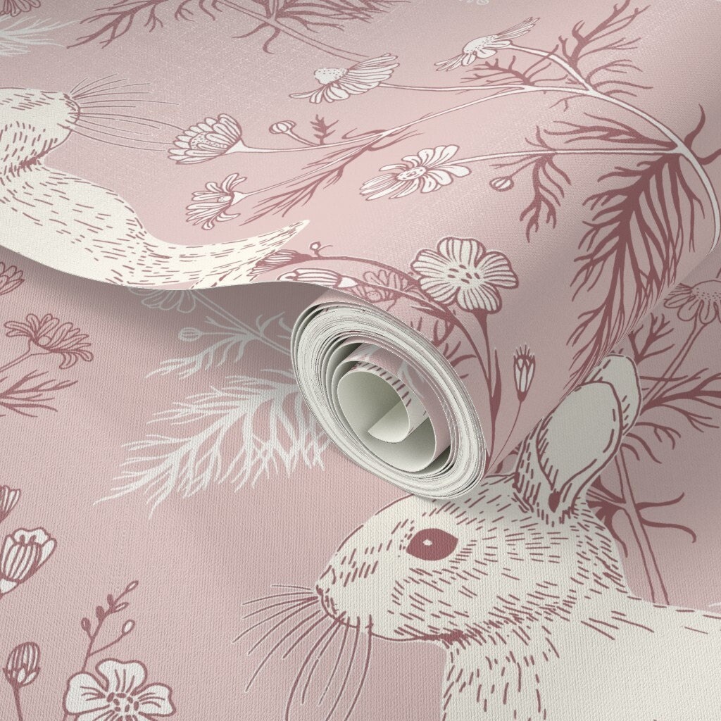 Rabbits Wallpaper for Baby Girl Nursery and Girls Bedroom. Pink Bunnies ...