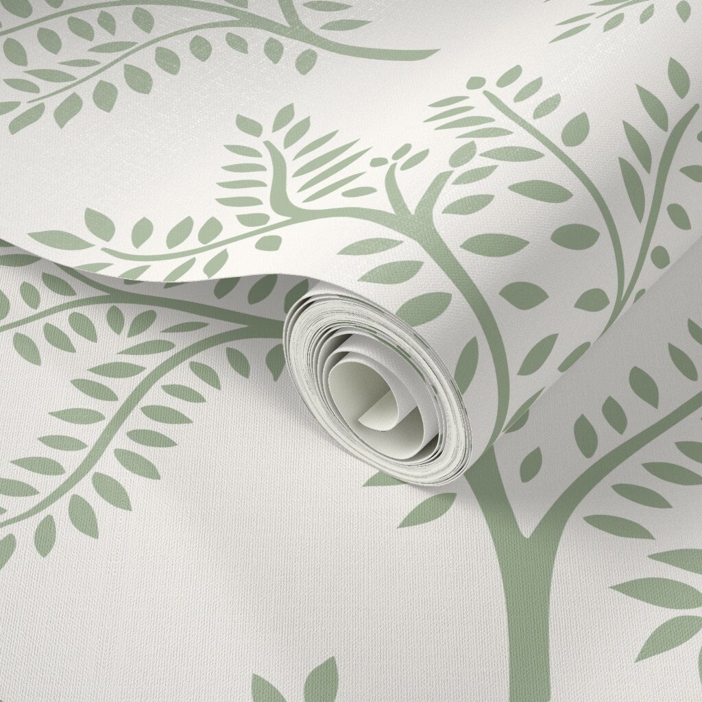 Neutral Sage Green Trees Wallpaper. Grandmillennial Farmhouse Wallpaper ...