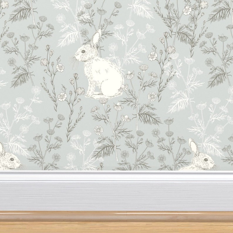 Rabbits Wallpaper for Nursery. Bunny Wallpaper for Kids Bedroom. Baby ...