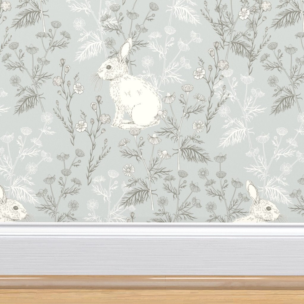 Rabbits Wallpaper for Nursery. Bunny Wallpaper for Kids Bedroom. Baby ...