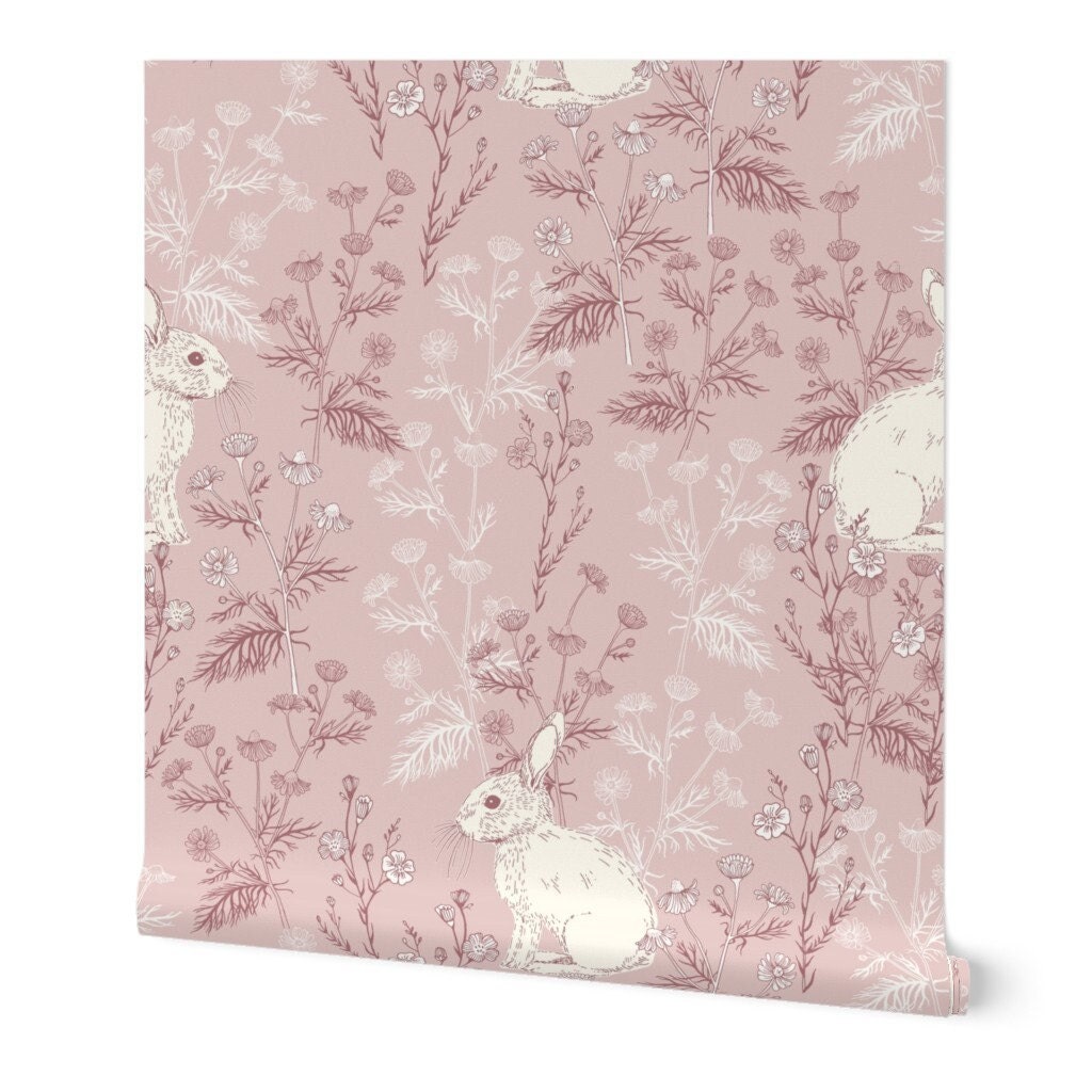 Rabbits Wallpaper for Baby Girl Nursery and Girls Bedroom. Pink Bunnies ...