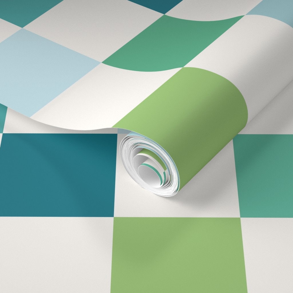 Blue Green Checkers Wallpaper for Boys Room, Kids Bedroom. Checkerboard ...