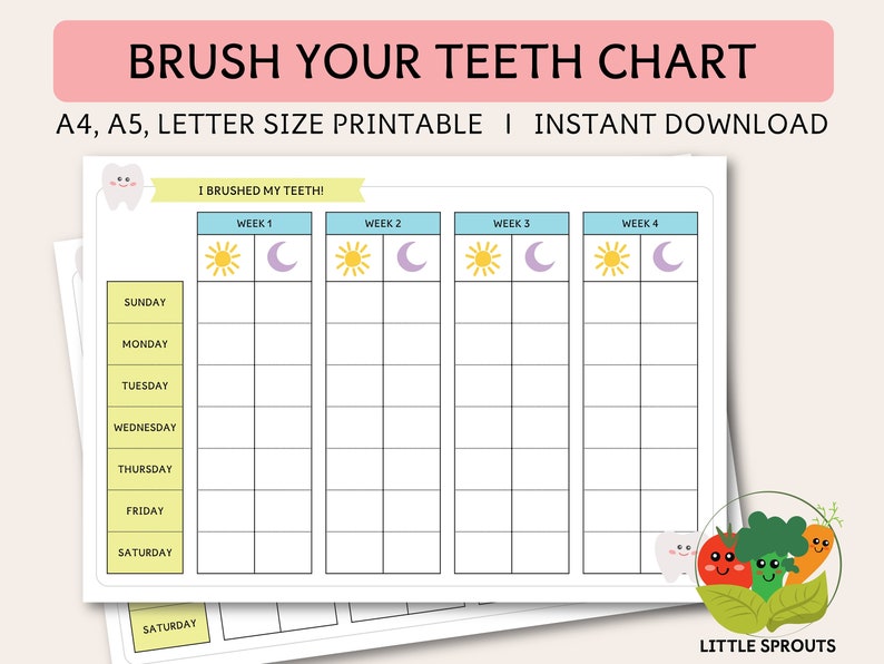 Printable Brushing Teeth Chart Kids Teeth Brushing Tracker - Etsy