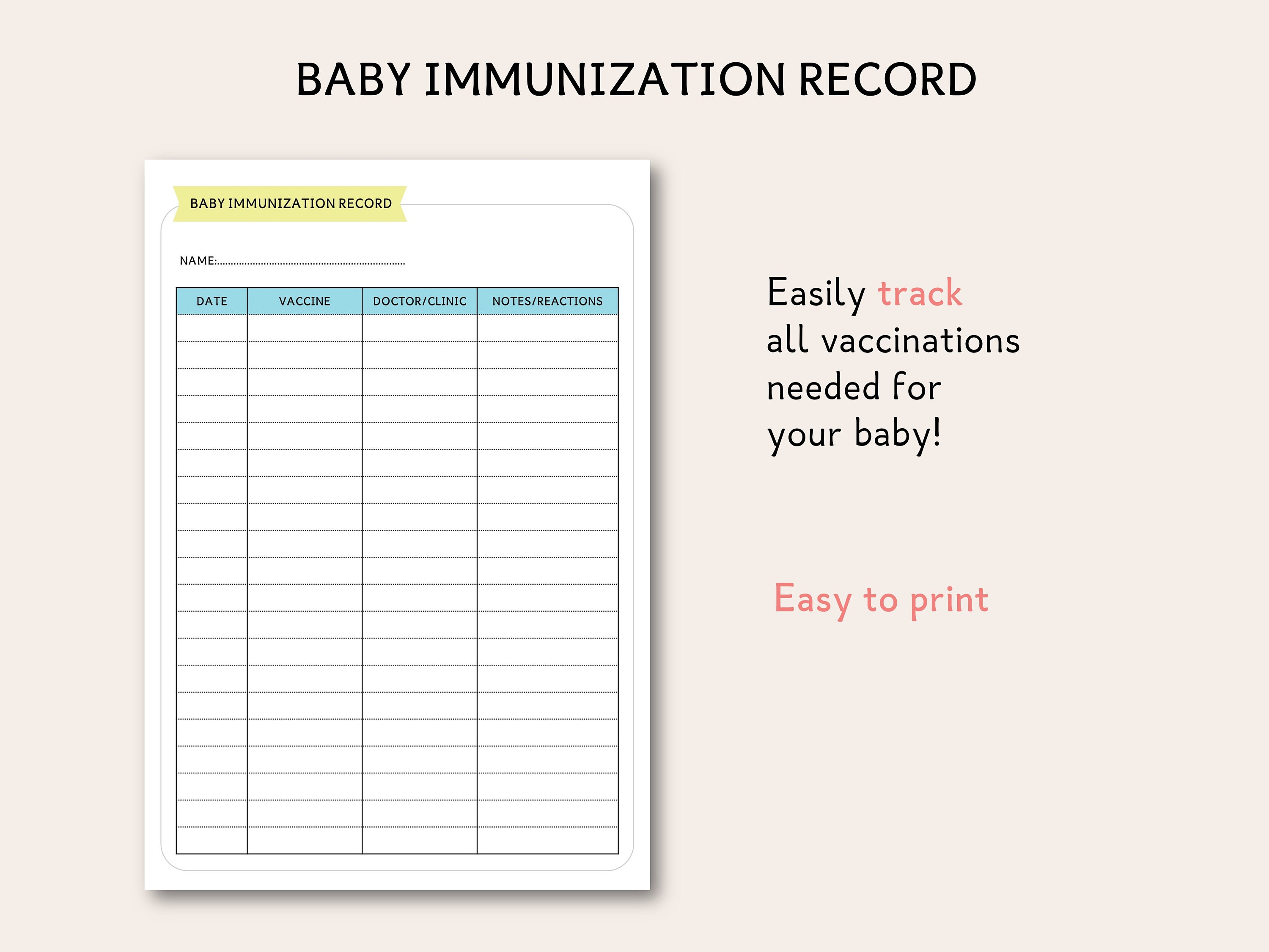 Baby Immunization Record Vaccine Log Immunization Schedule - Etsy