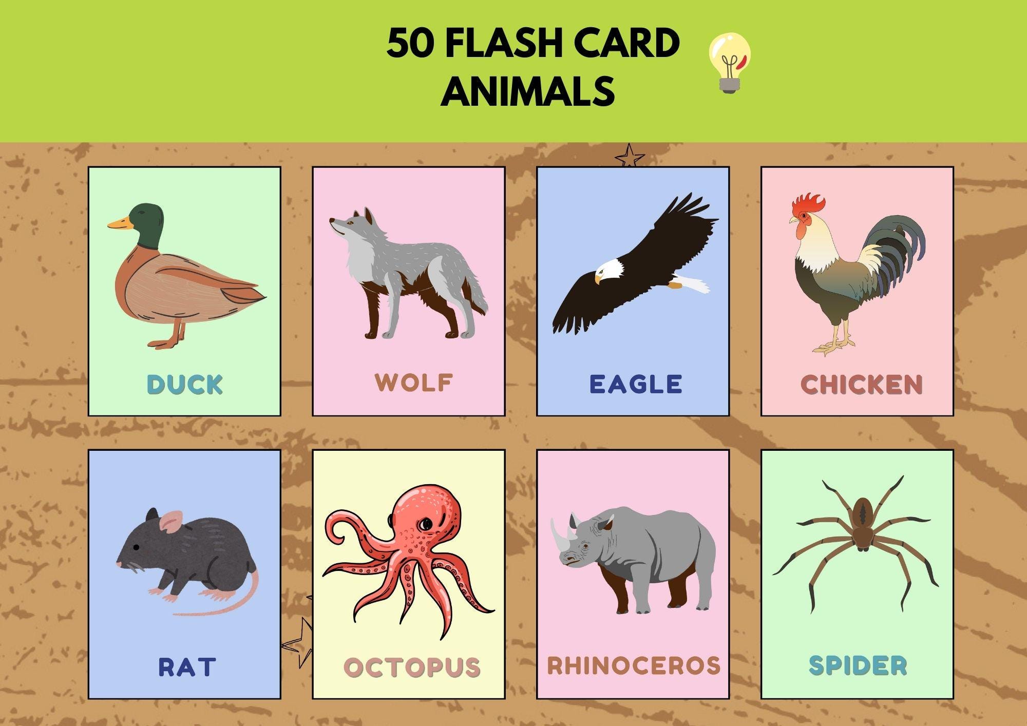 50 Animals Flashcard, Printable Montessori Flash Cards, Pre-school ...