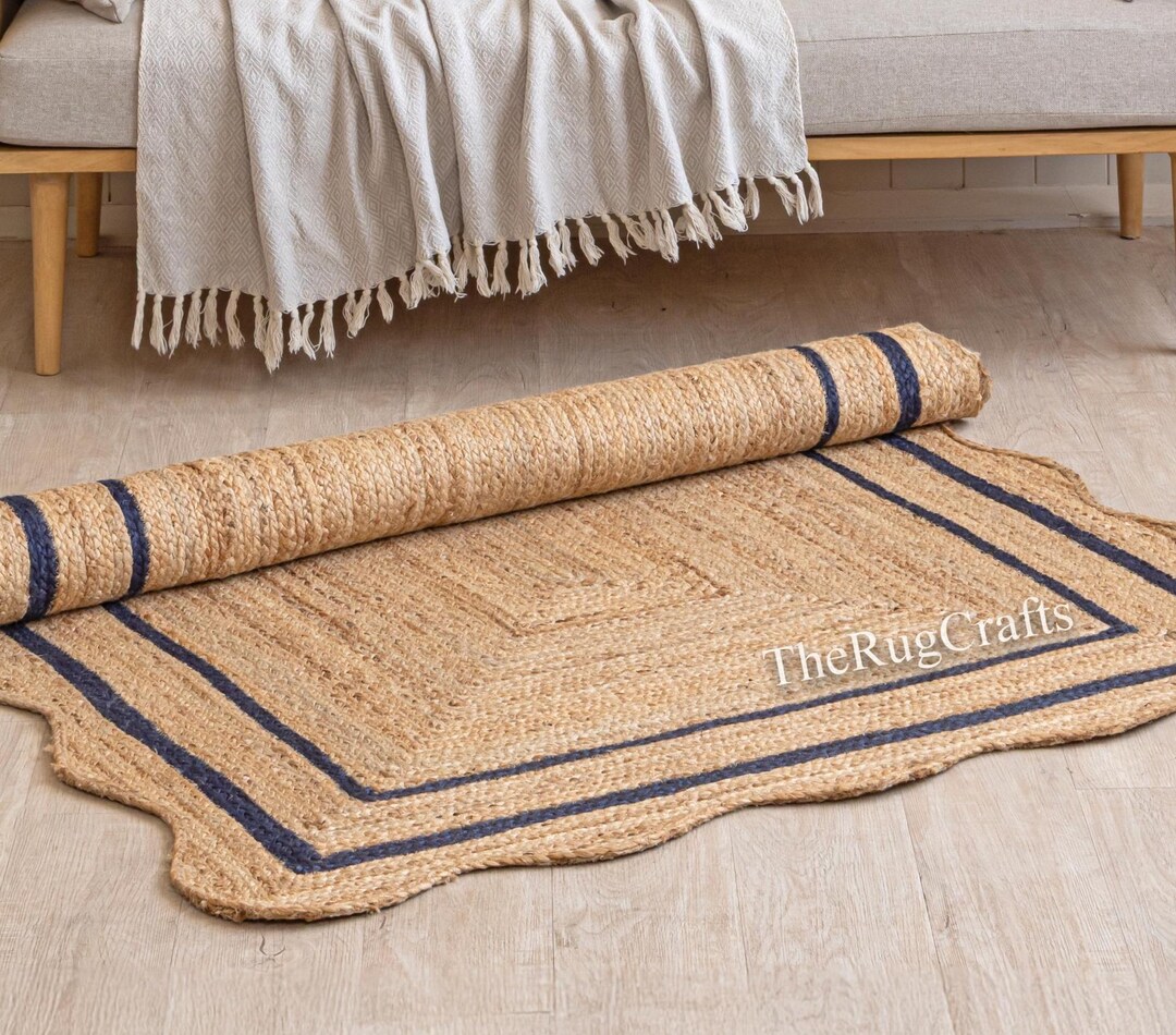 Jute Scalloped Rug, Blue Scalloped Rug, Scalloped Edge Rug, Boho ...