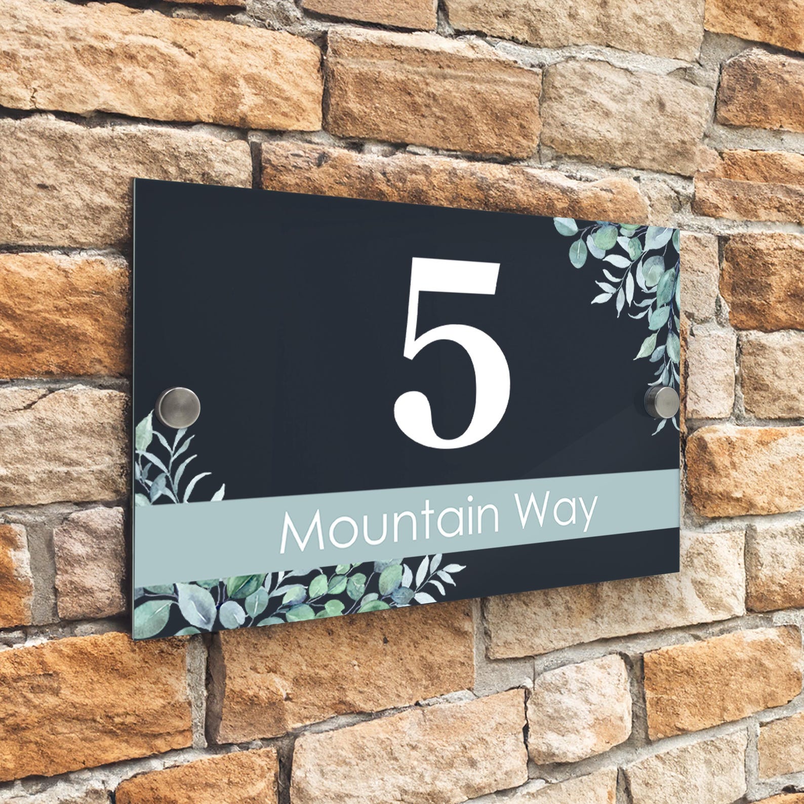 Custom Signs Modern Anthracite House Number Sign Eucalyptus Flower ...