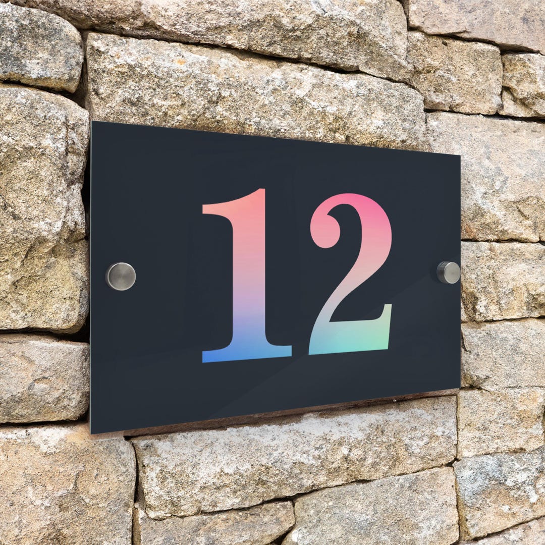 Custom Signs Modern Anthracite House Number Sign Pink and Blue Gradient ...
