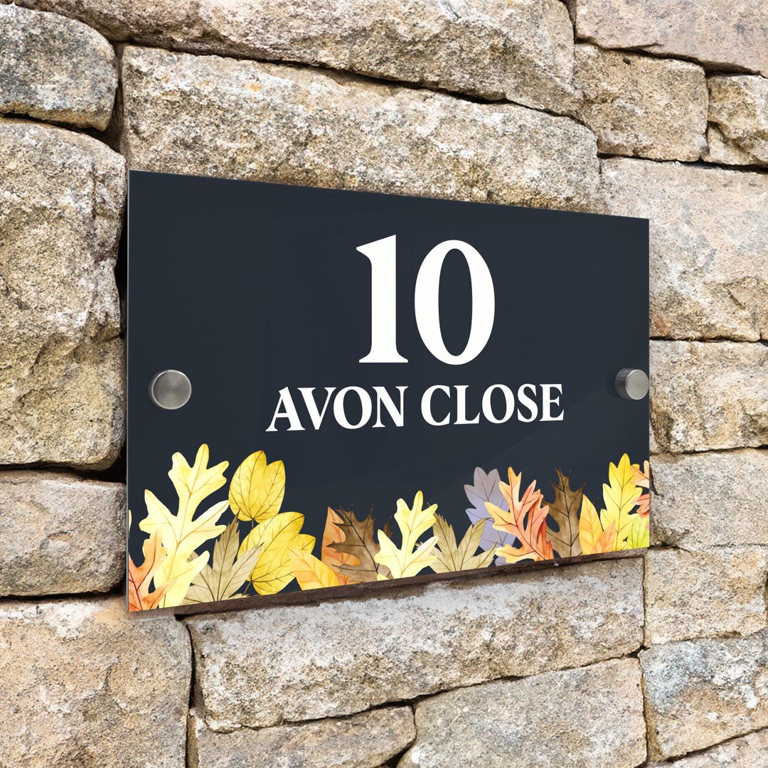 Custom Signs Modern Anthracite House Number Sign Autumn Orange Leaves ...
