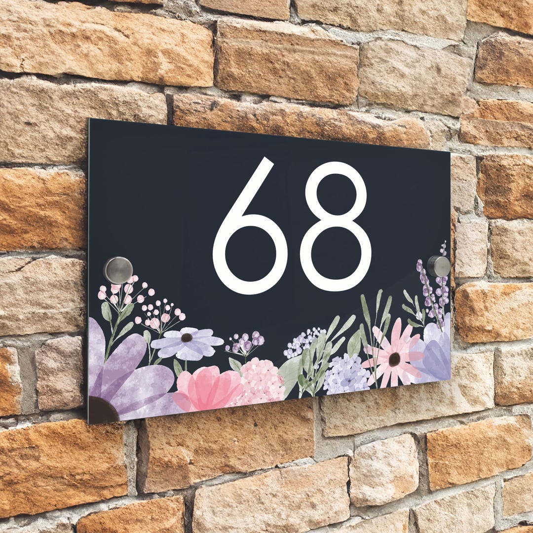 Custom Signs Modern Anthracite House Number Sign Pastel Flowers Bottom ...