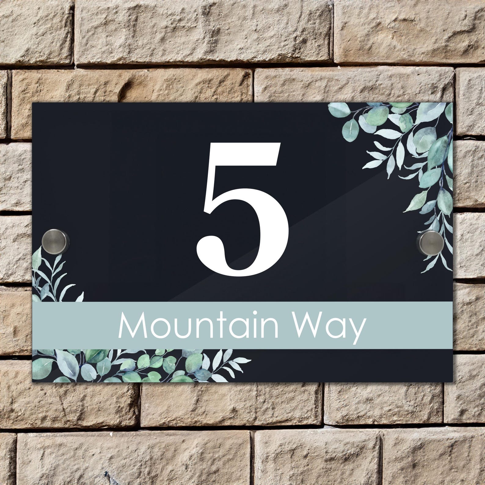 Custom Signs Modern Anthracite House Number Sign Eucalyptus Flower ...