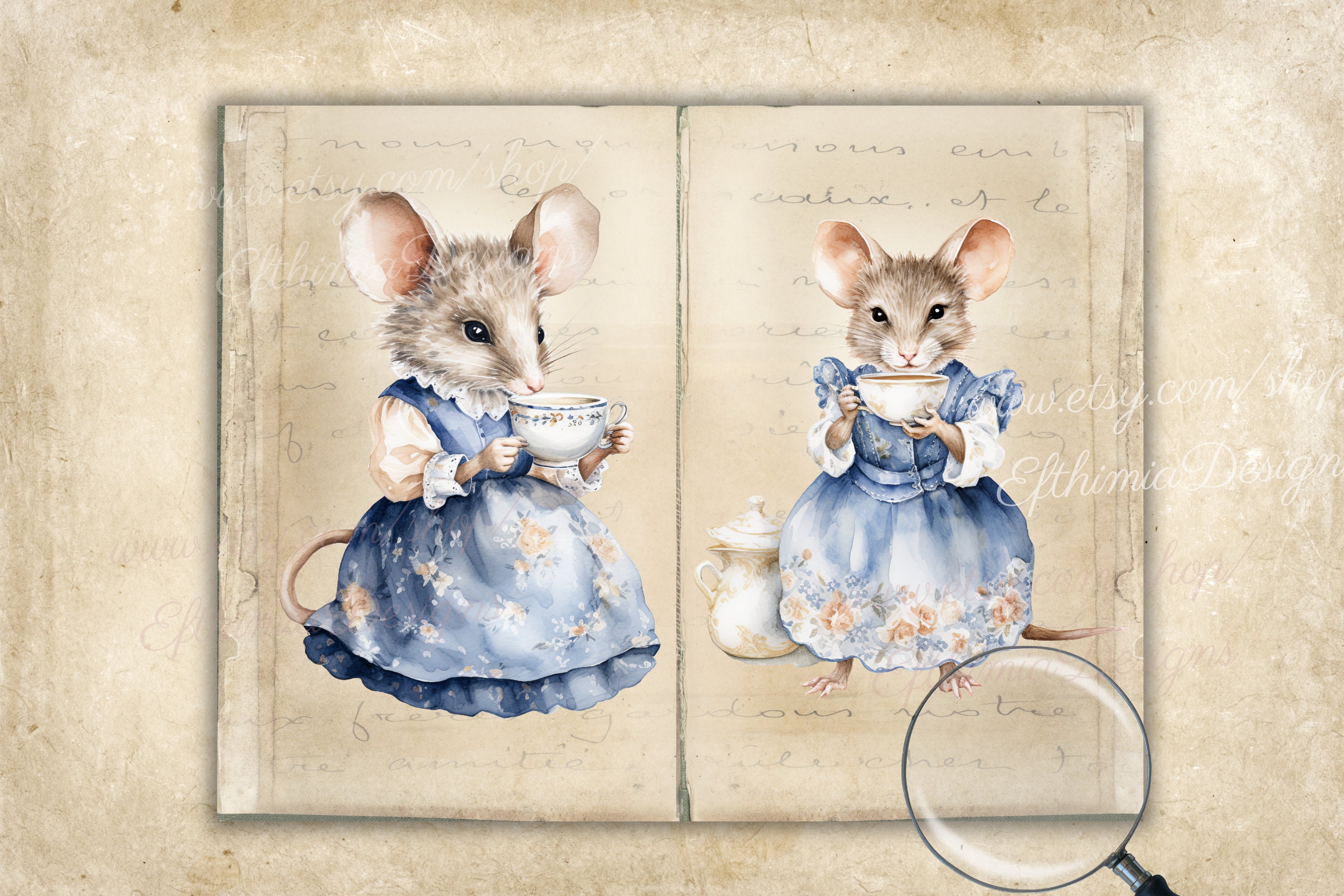 Vintage Mouse Junk Journal Pages Collection With Mice Wearing Elegant ...