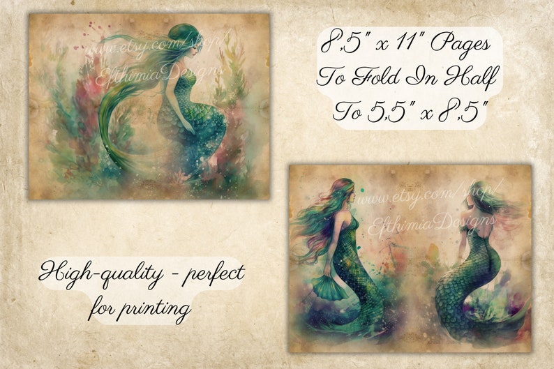 Teal Mermaids Junk Journal Pages, Printable Digital Download, Vintage ...