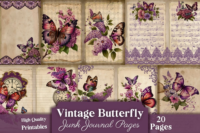 Purple Butterfly Junk Journal Pages, Violet, Digital Download ...