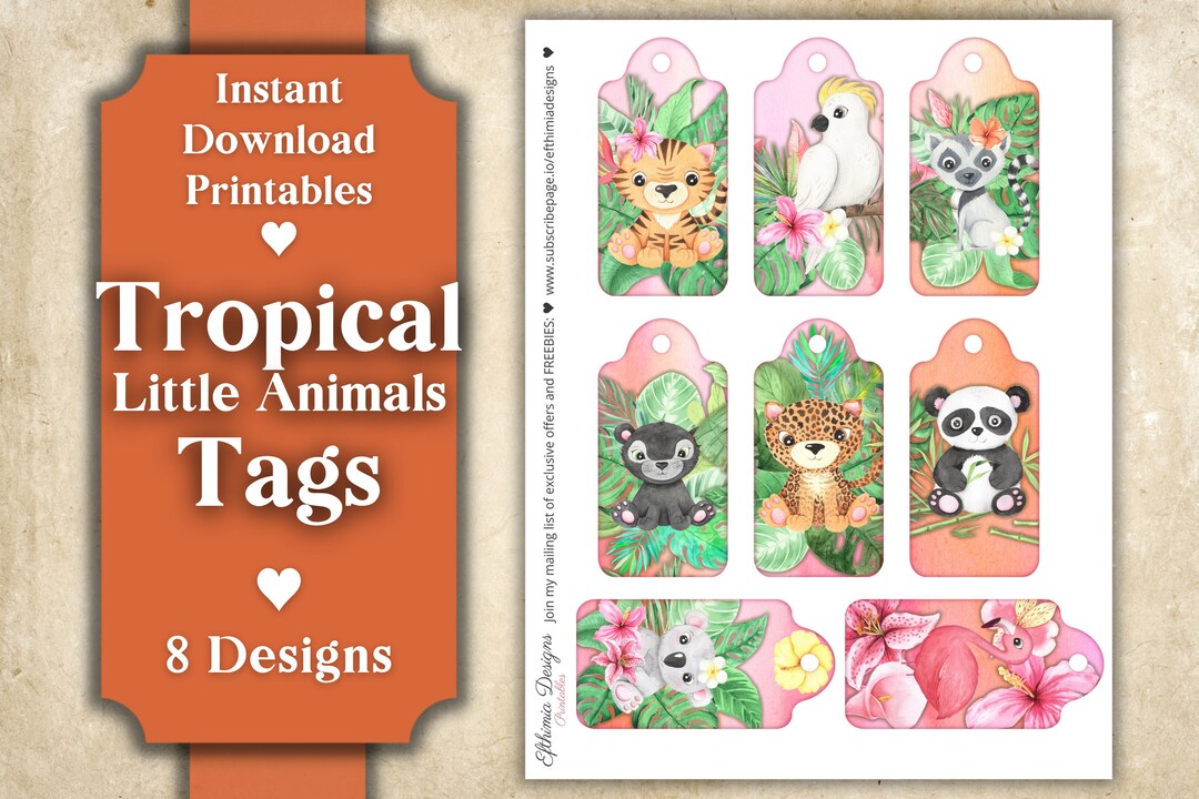 Newborn Baby Gift Tags, Tropical Little Animals, Printable Instant ...