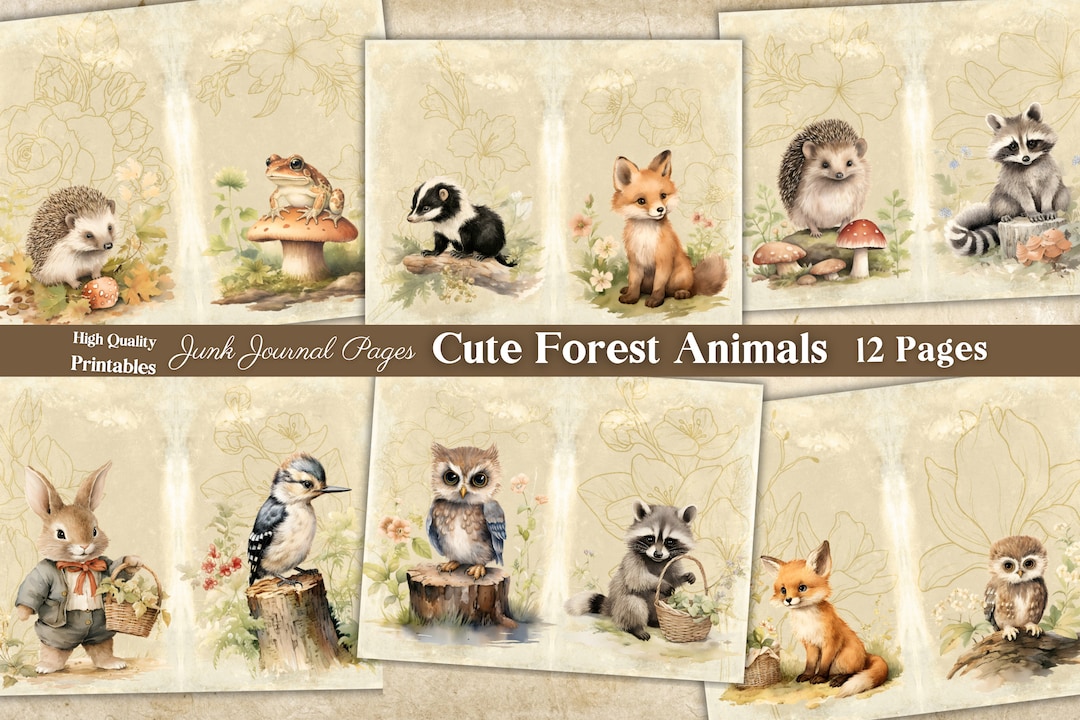 Cute Forest Animals Junk Journal Pages, Printable Digital Download ...