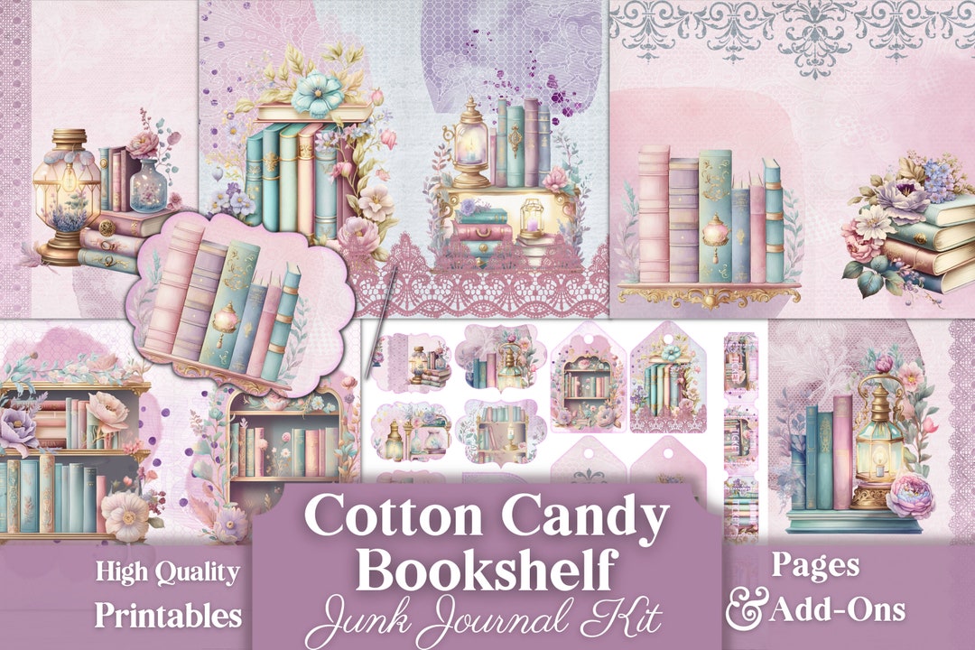 Cotton Candy Junk Journal Kit, Bookshelf Pages, Add-ons, Books ...
