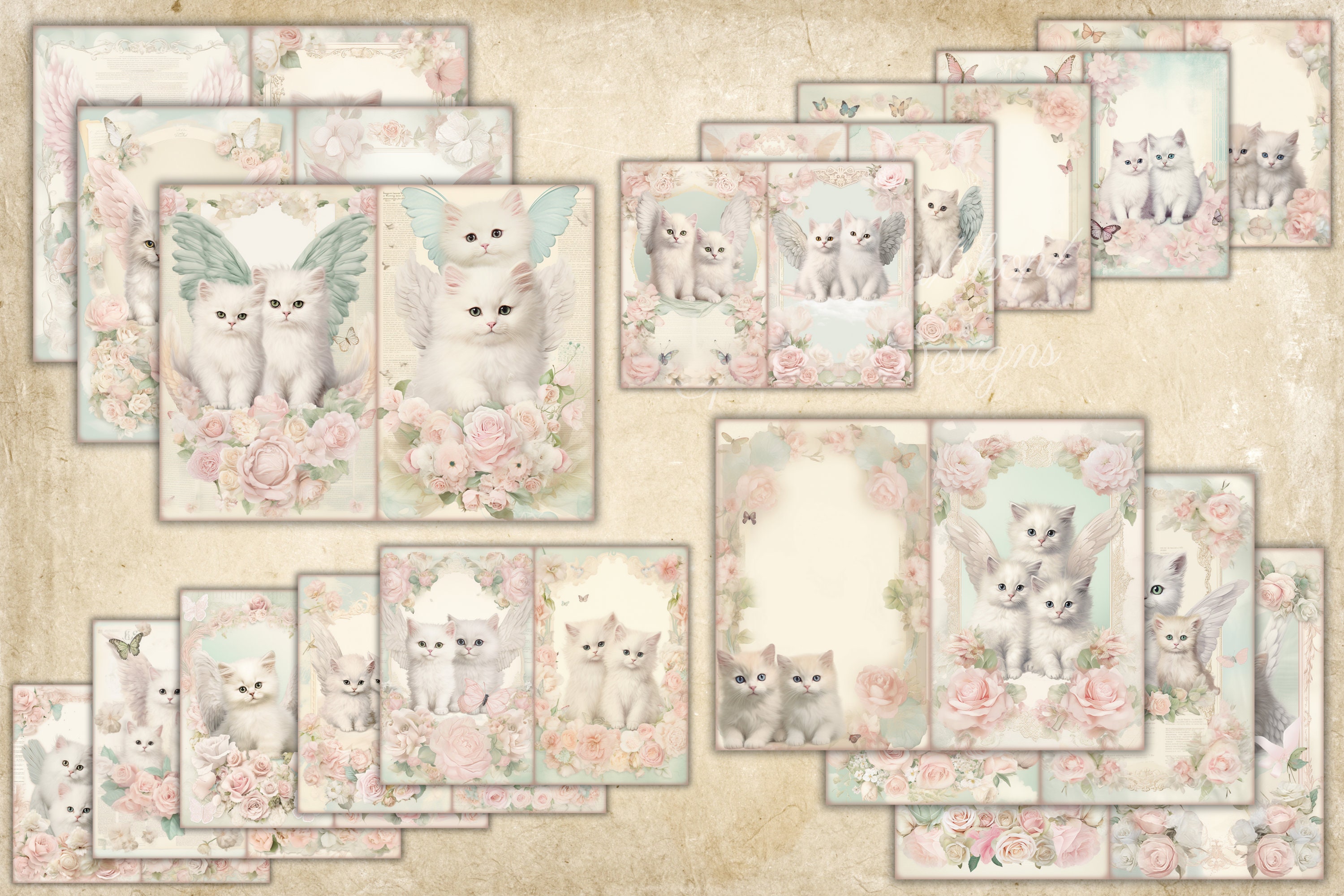Heavenly Cats Junk Journal Pages Pack, Angel Wings Kitten Pastel ...