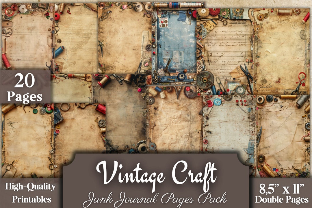 Vintage Craft Junk Journal, Printable Pages, Needles, Threads, Scissors ...