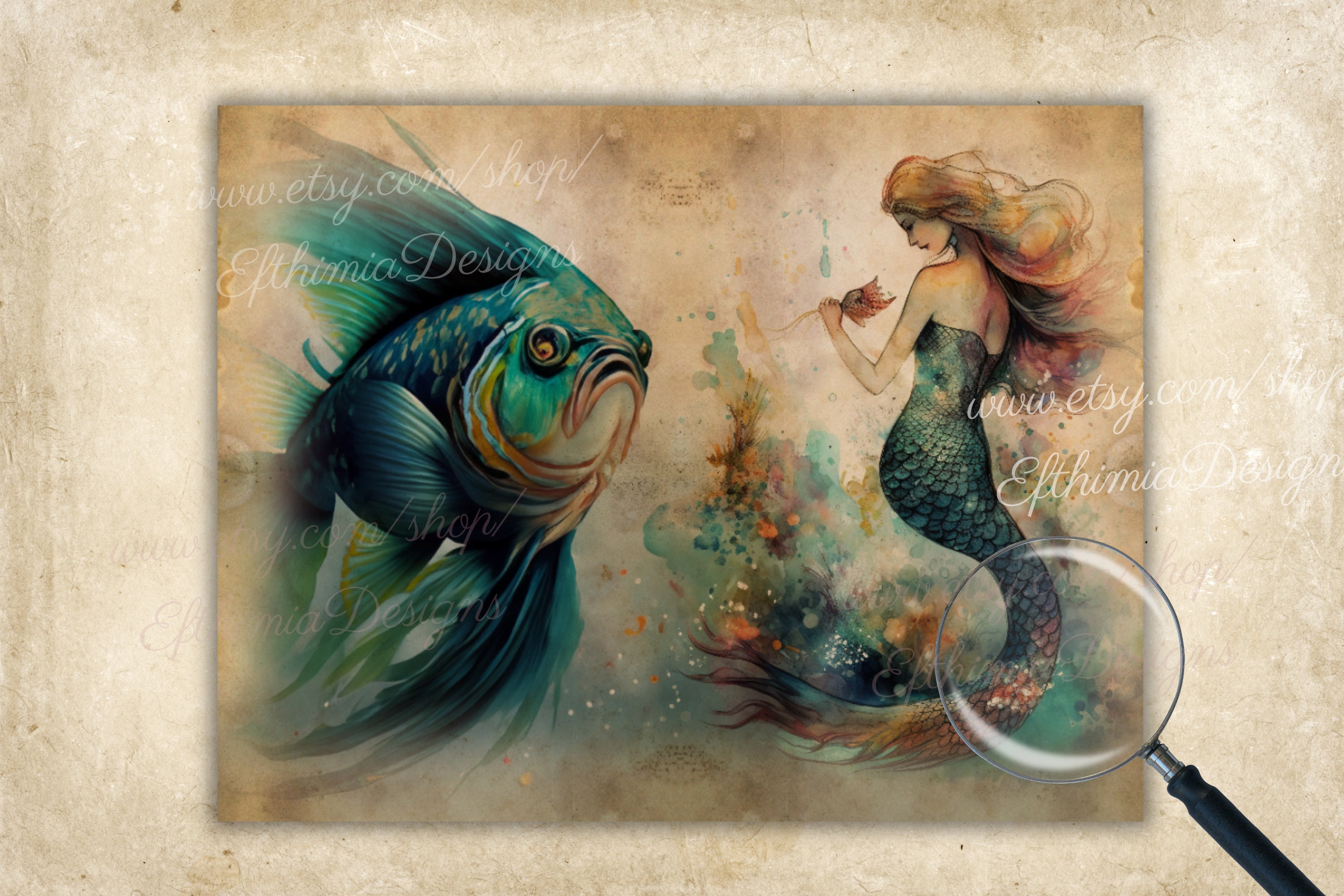 Teal Mermaids Junk Journal Pages, Printable Digital Download, Vintage ...