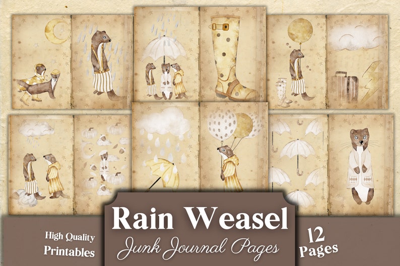 Rain Weasels Junk Journal, Pages Set, Vintage Cute Whimsical Animals ...