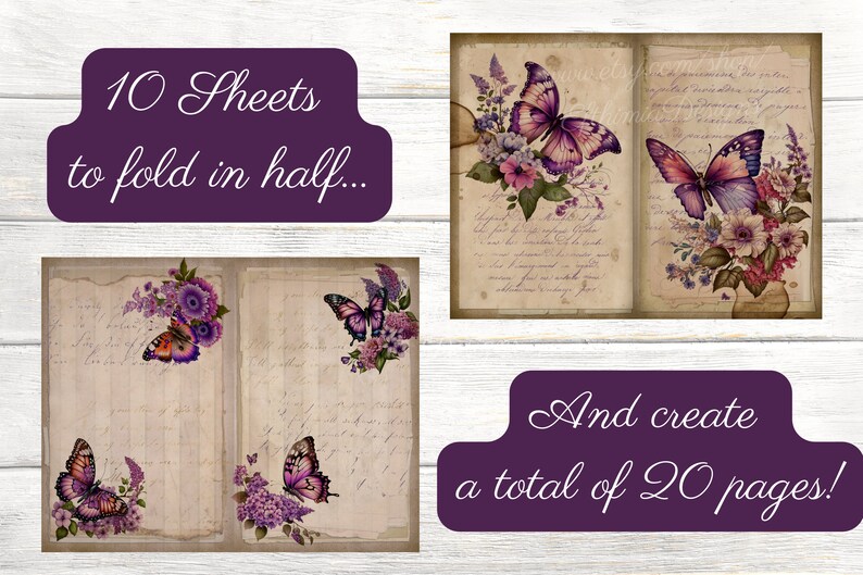 Purple Butterfly Junk Journal Pages, Violet, Digital Download ...